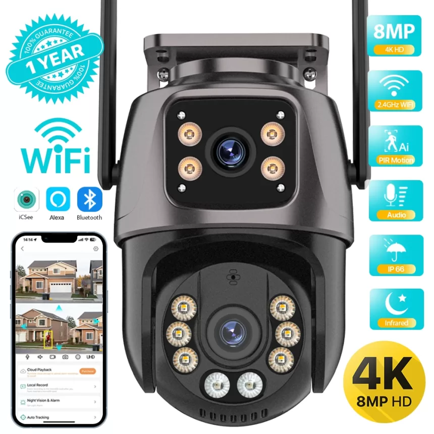 4K 8MP HD Wifi PTZ Camera Outdoor 4MP Dual Lens Dual Screen AI Auto ...