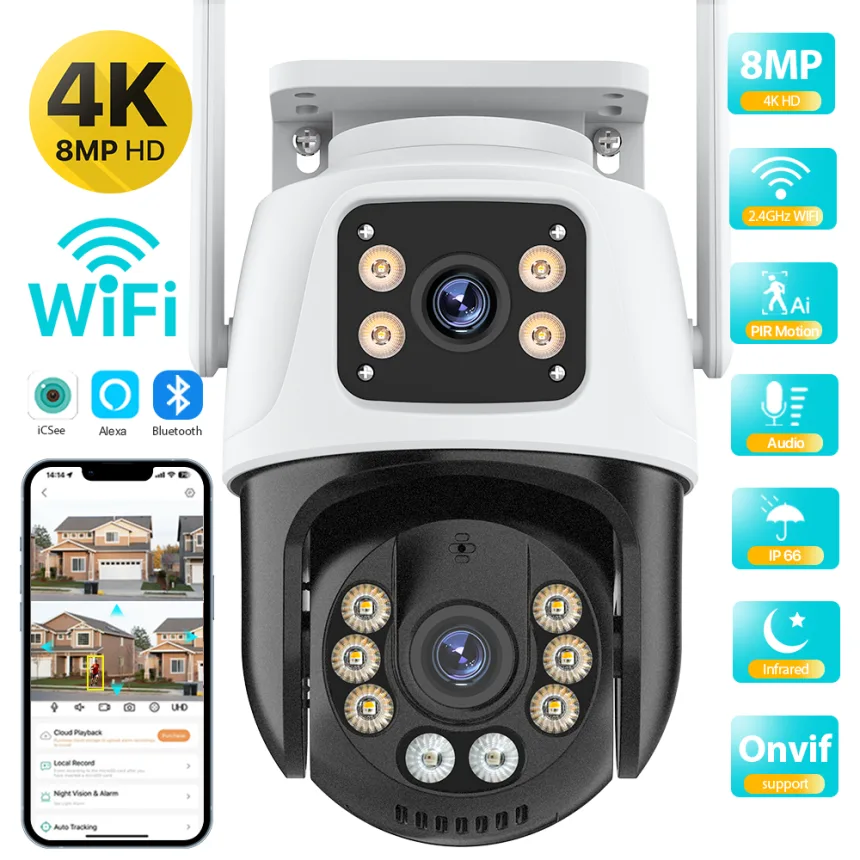 Dual Lens 360º Wifi Camera IP66 Security Protection 8MP 4K Wireless ...