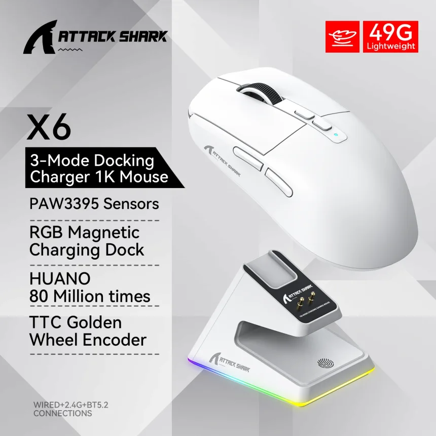 ATTACK SHARK X6 Mouse,PAW3395 Bluetooth Tri-Mode Connection,RGB Touch ...